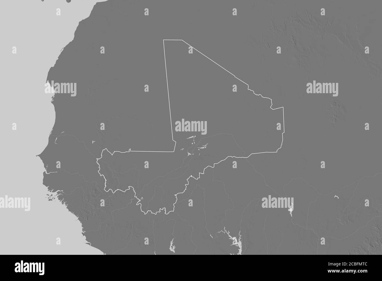 Extended area of outlined Mali. Bilevel elevation map. 3D rendering Stock Photo - Alamy