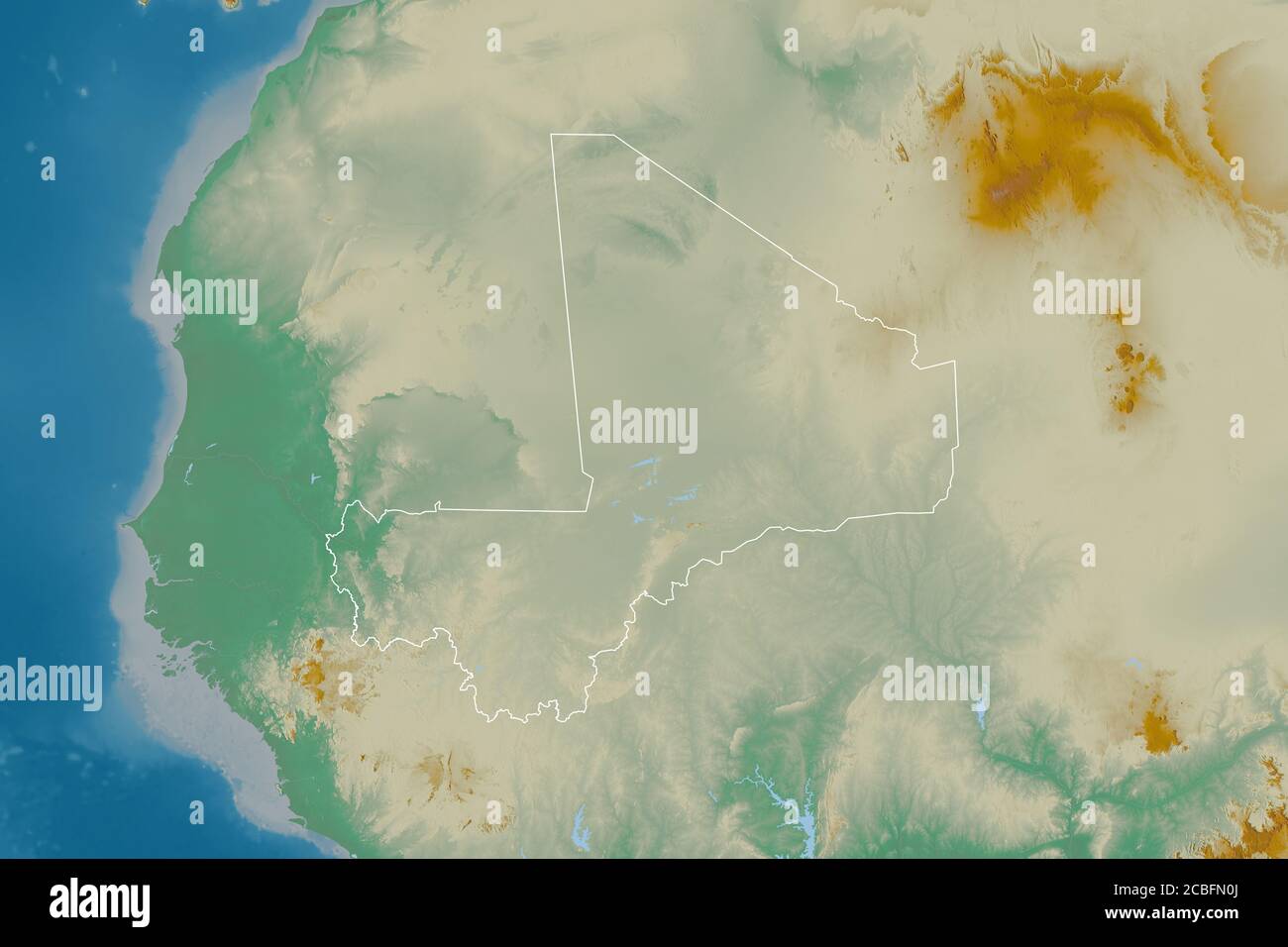 Extended area of outlined Mali. Topographic relief map. 3D rendering ...