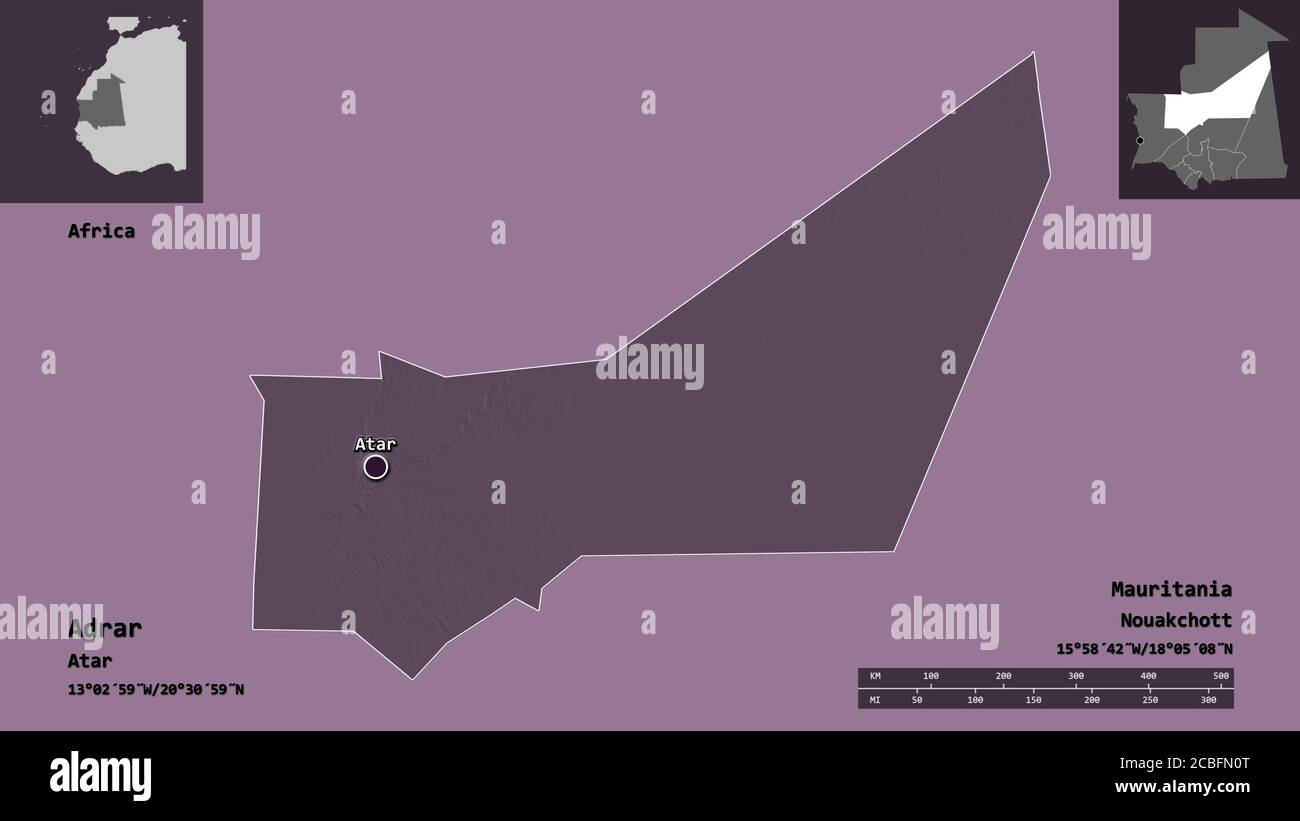 Shape of Adrar, region of Mauritania, and its capital. Distance scale ...
