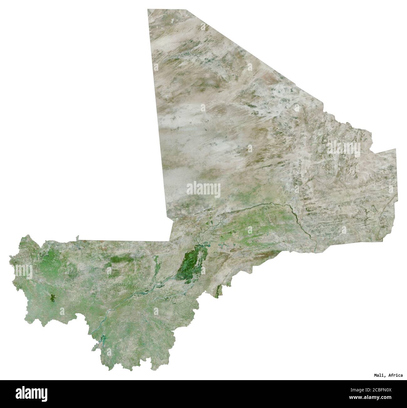 Shape of Mali with its capital isolated on white background. Satellite ...