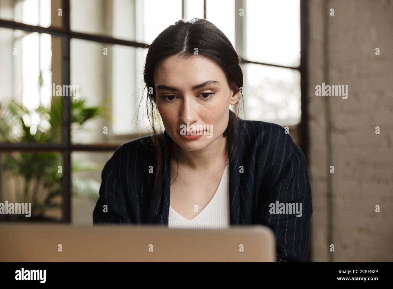 Confident serious attractive young woman entrepreneur working on laptop ...
