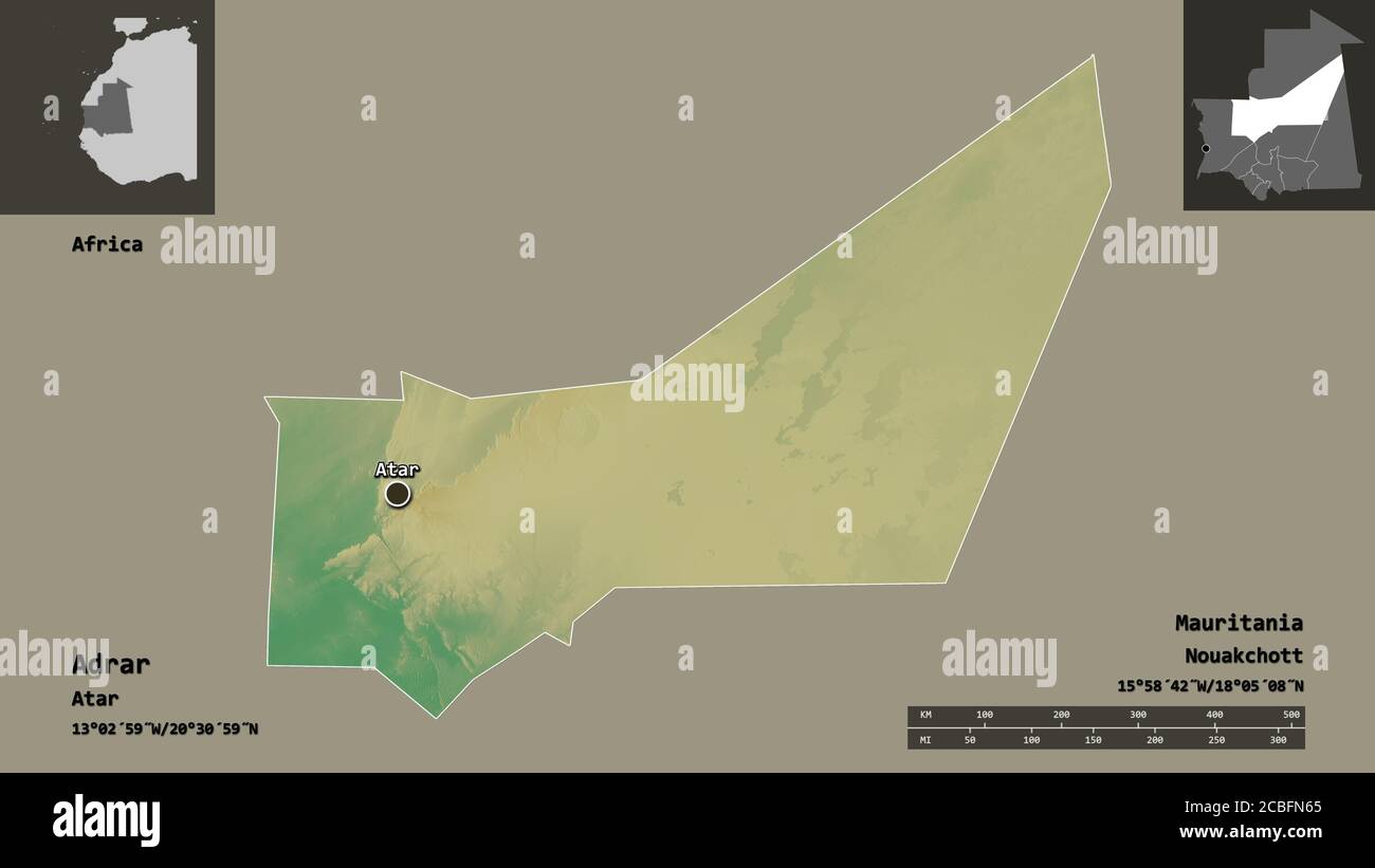 Shape of Adrar, region of Mauritania, and its capital. Distance scale ...