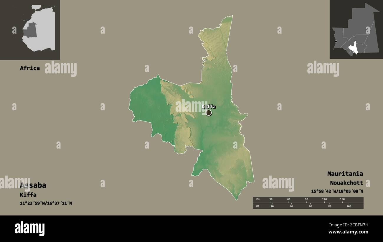 Shape of Assaba, region of Mauritania, and its capital. Distance scale ...