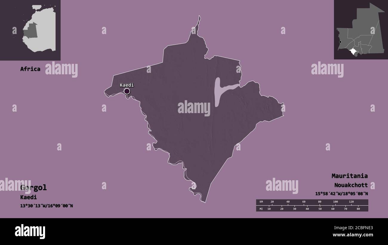 Shape of Gorgol, region of Mauritania, and its capital. Distance scale ...