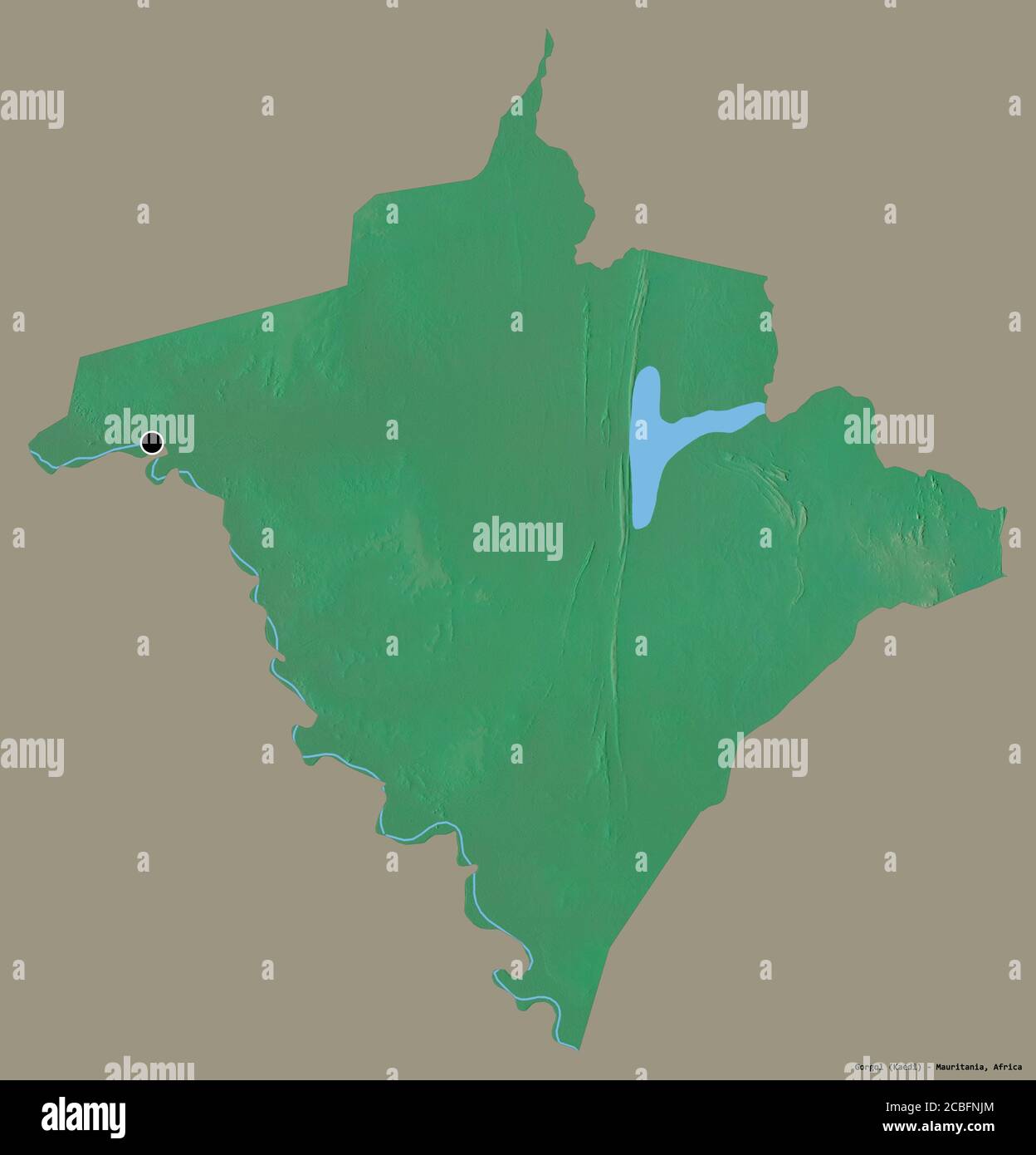 Shape of Gorgol, region of Mauritania, with its capital isolated on a ...