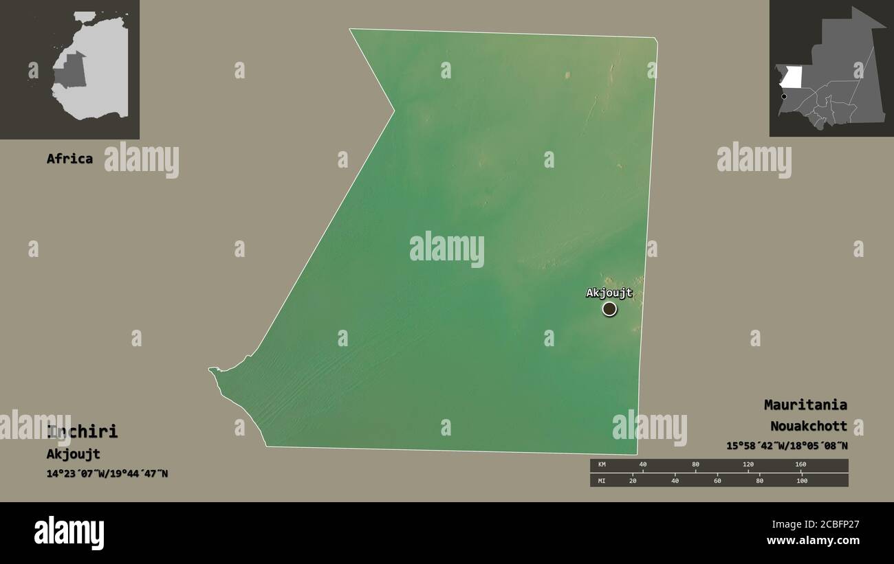 Shape of Inchiri, region of Mauritania, and its capital. Distance scale ...