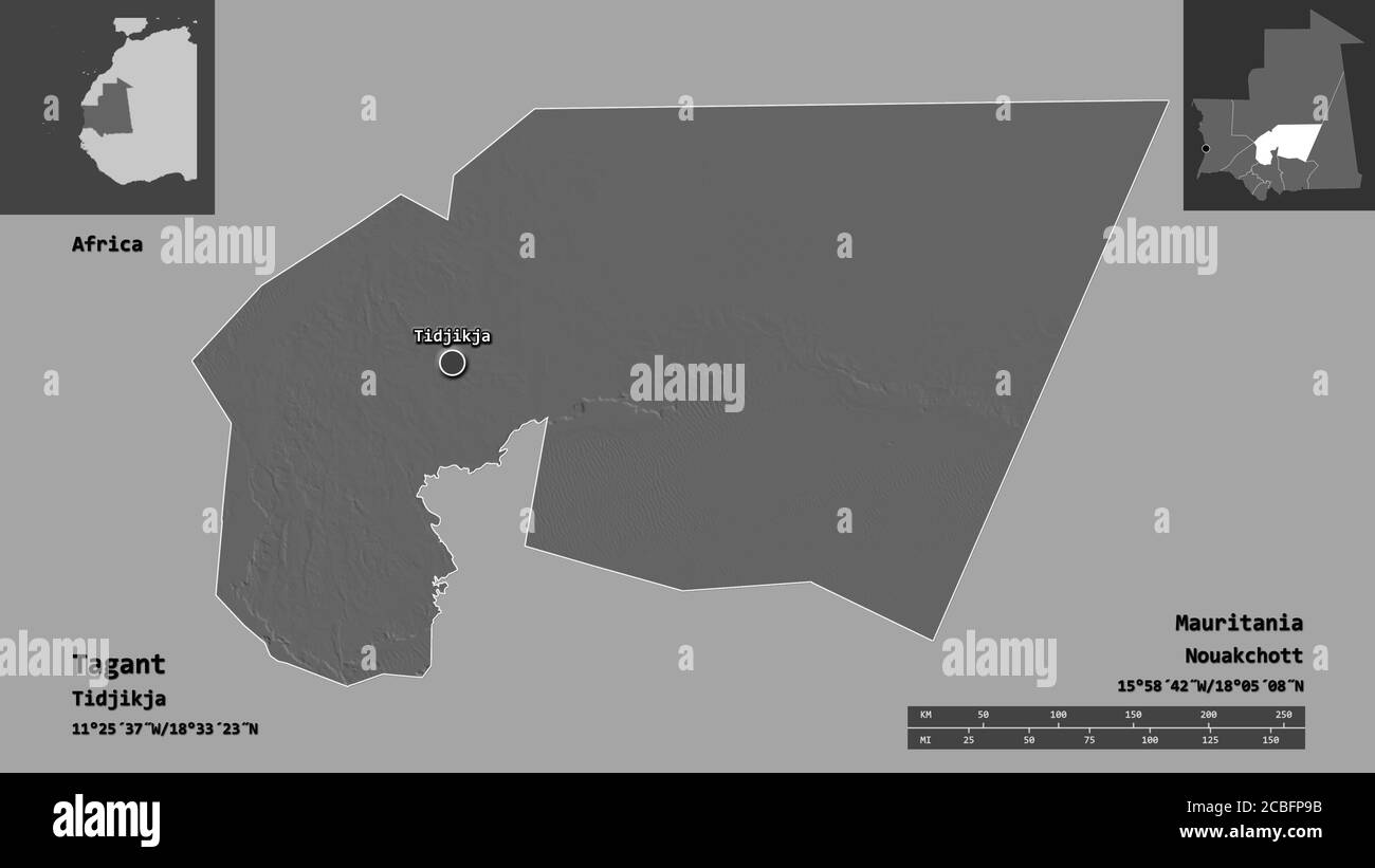 Shape of Tagant, region of Mauritania, and its capital. Distance scale ...