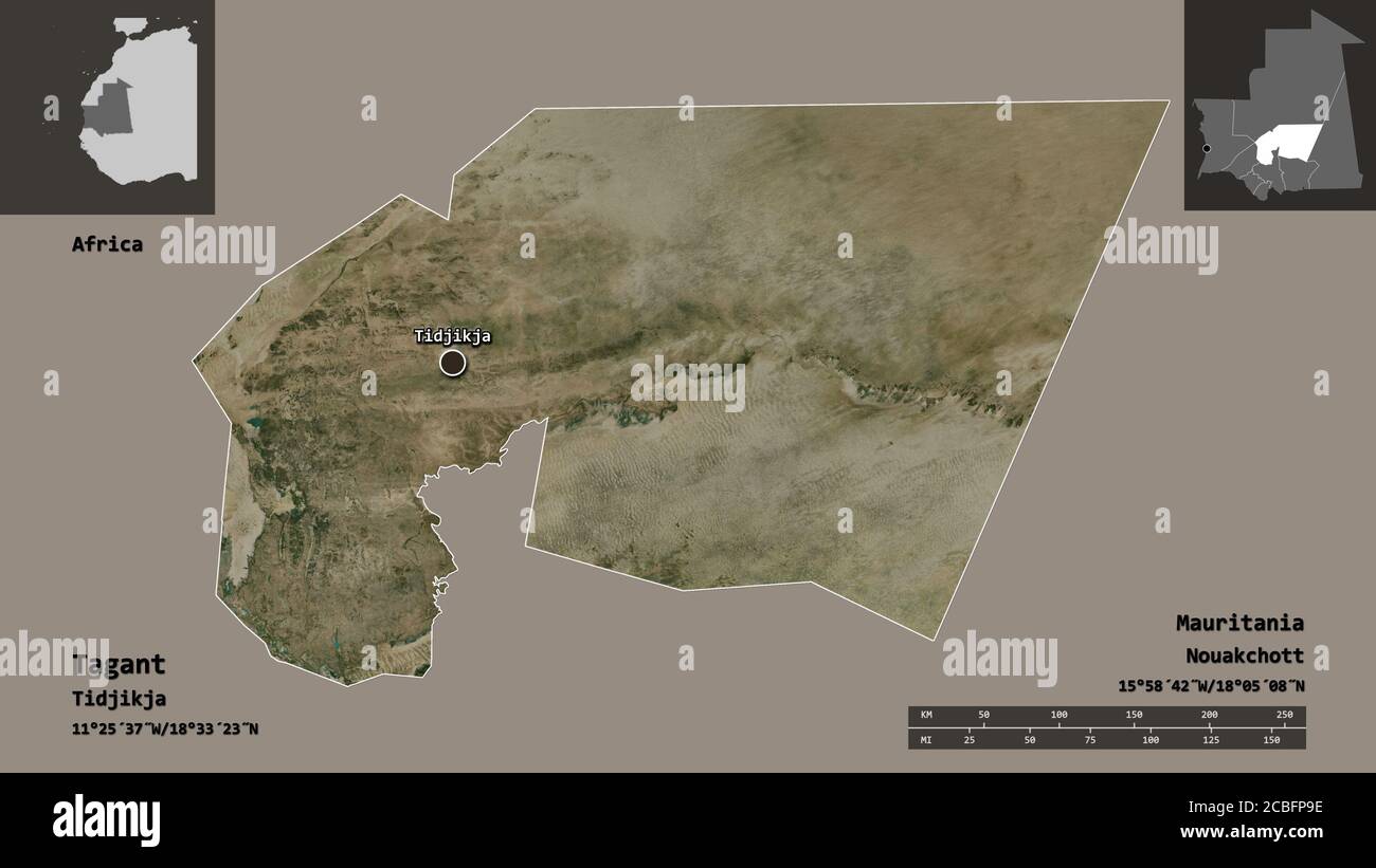 Shape of Tagant, region of Mauritania, and its capital. Distance scale ...