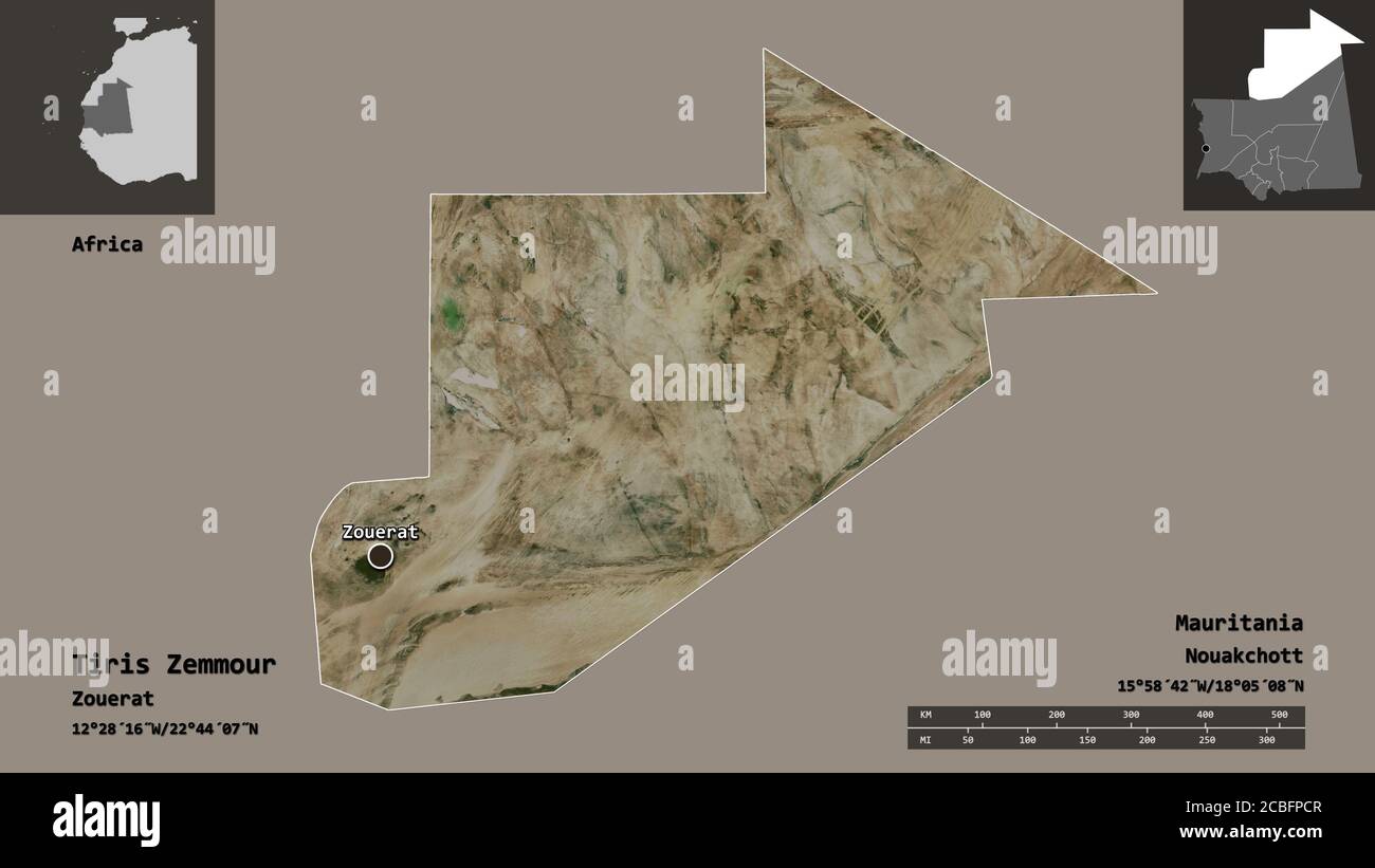 Shape of Tiris Zemmour, region of Mauritania, and its capital. Distance ...
