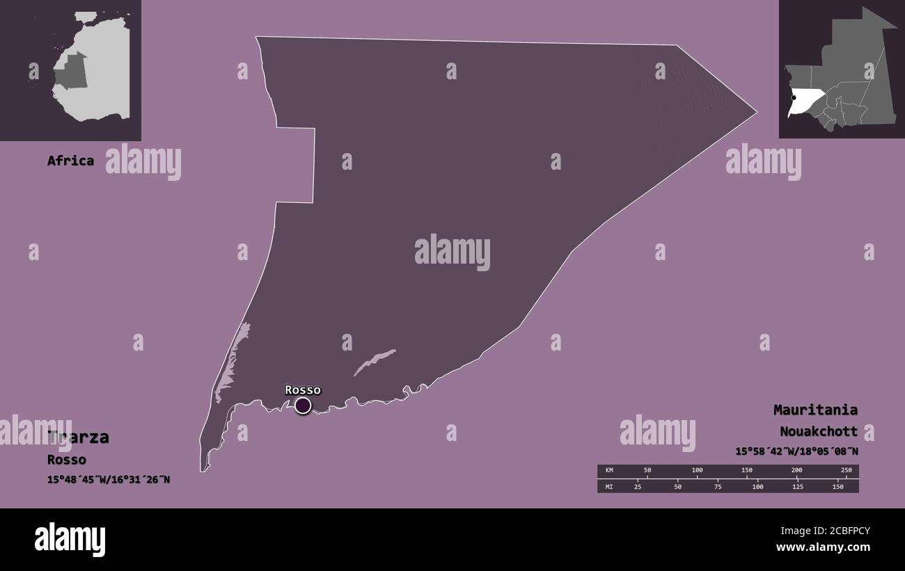 Shape of Trarza, region of Mauritania, and its capital. Distance scale ...