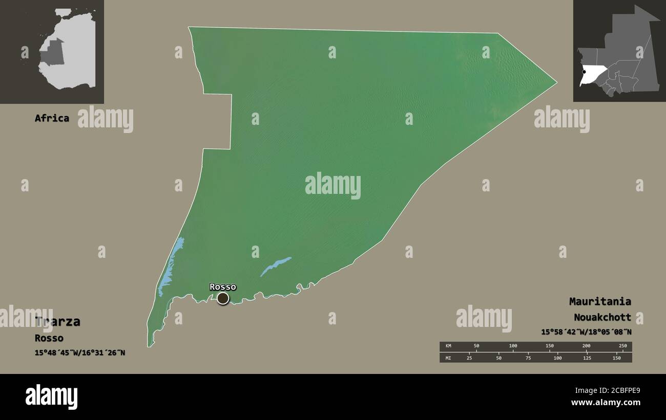 Shape of Trarza, region of Mauritania, and its capital. Distance scale ...