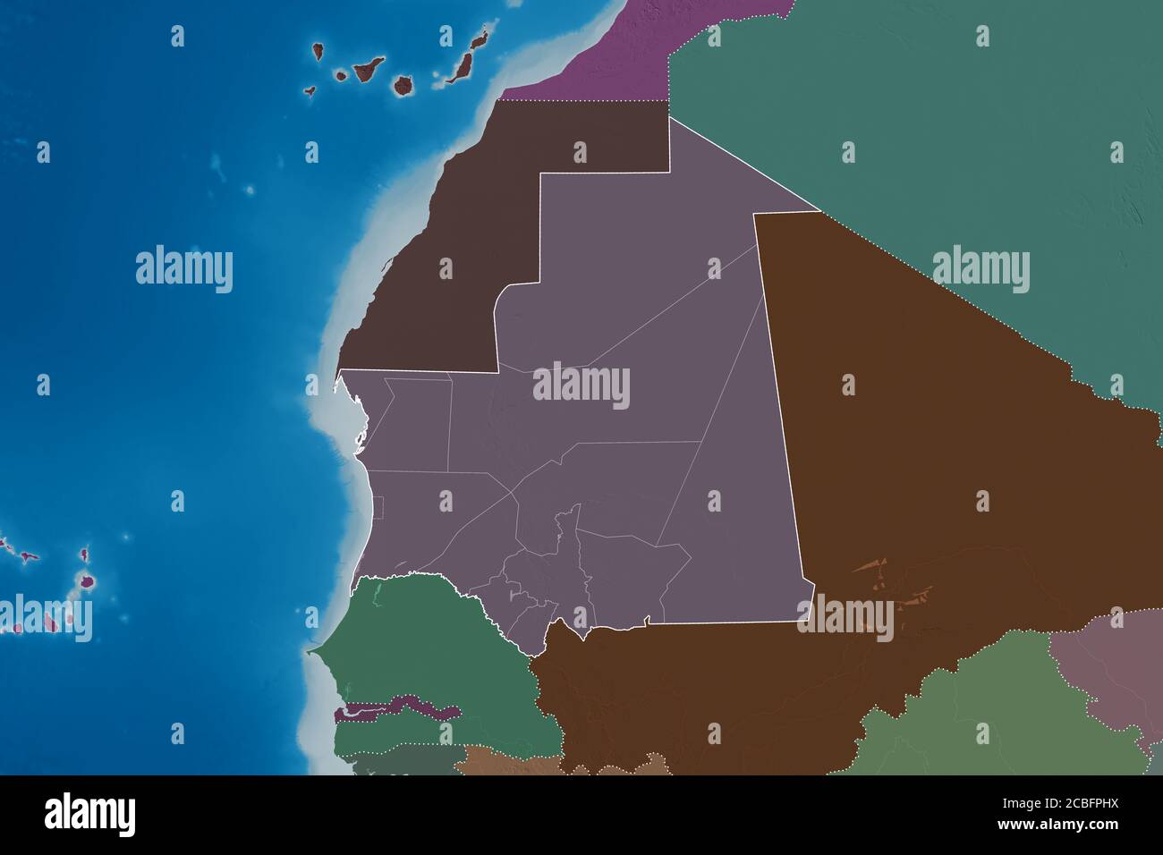 Extended area of Mauritania with country outline, international and ...