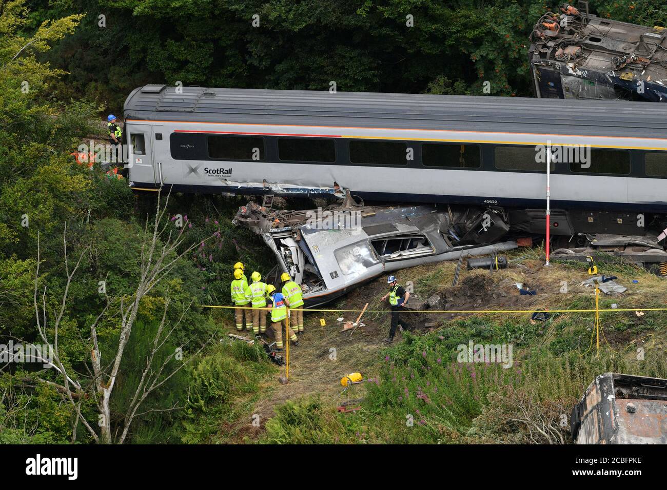 Emergency services inspect the scene near Stonehaven, Aberdeenshire ...