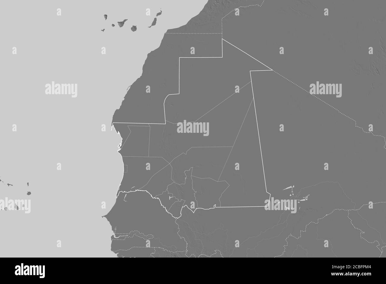 Extended area of Mauritania with country outline, international and ...