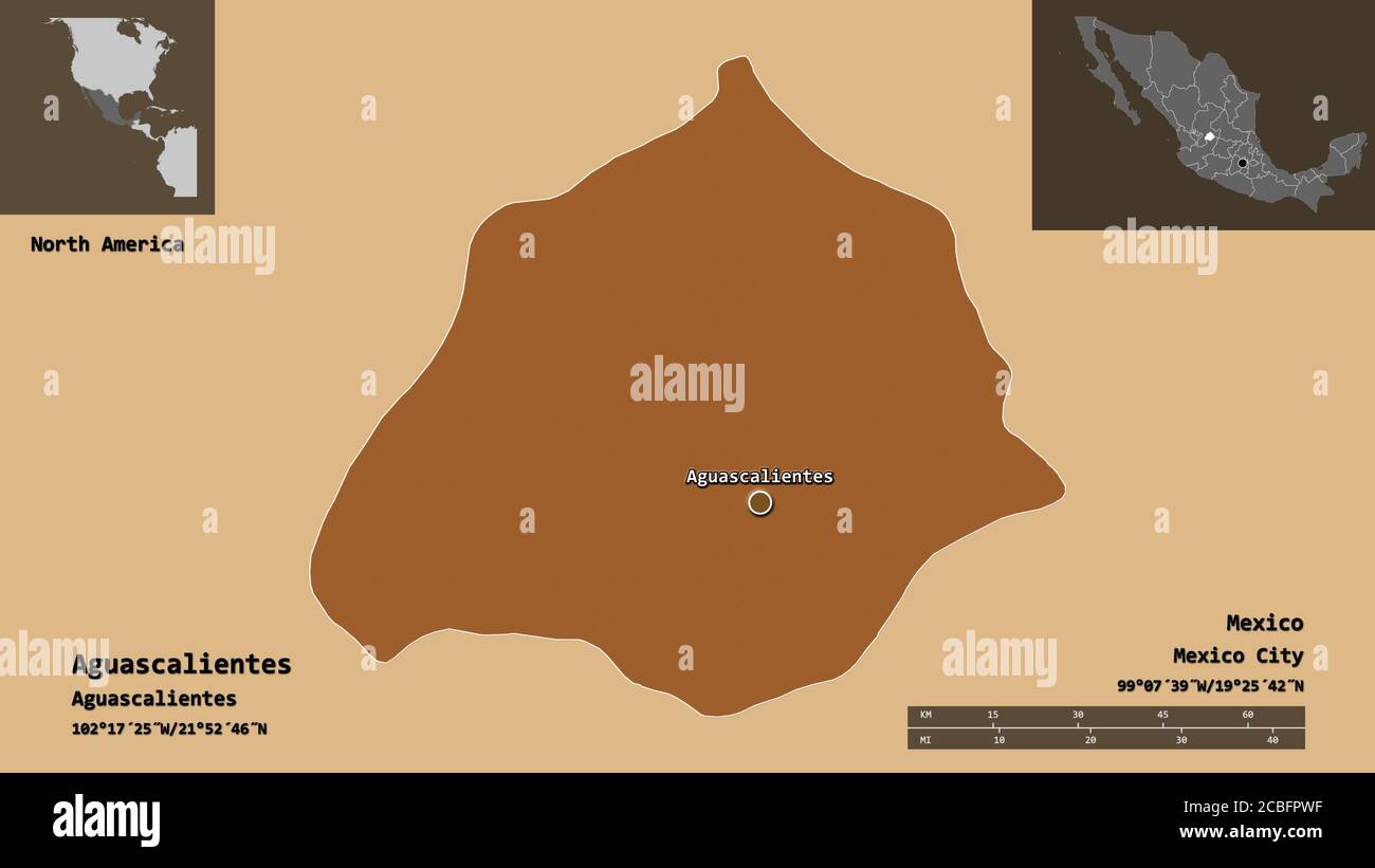 Shape of Aguascalientes, state of Mexico, and its capital. Distance ...