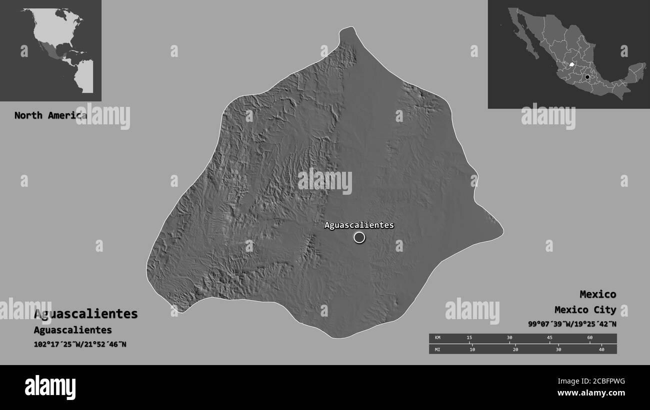 Shape of Aguascalientes, state of Mexico, and its capital. Distance ...