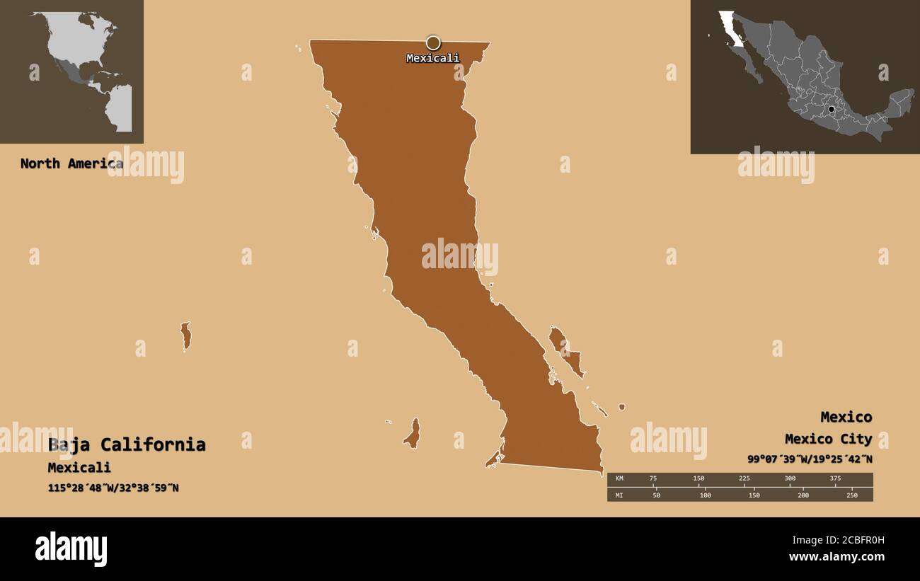 Shape of Baja California, state of Mexico, and its capital. Distance ...