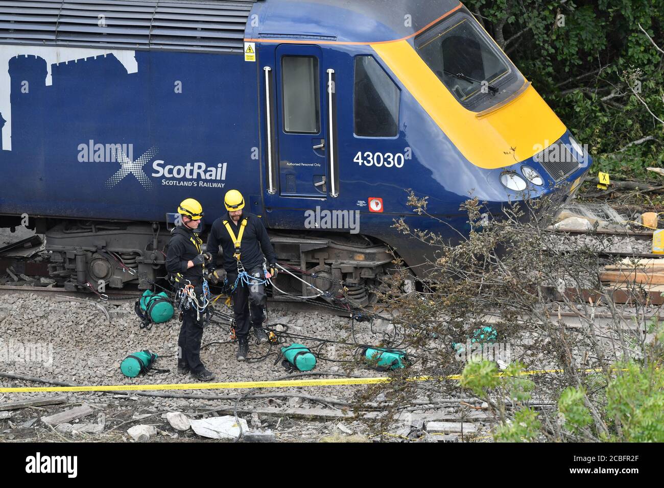 Emergency services inspect the scene near Stonehaven, Aberdeenshire ...