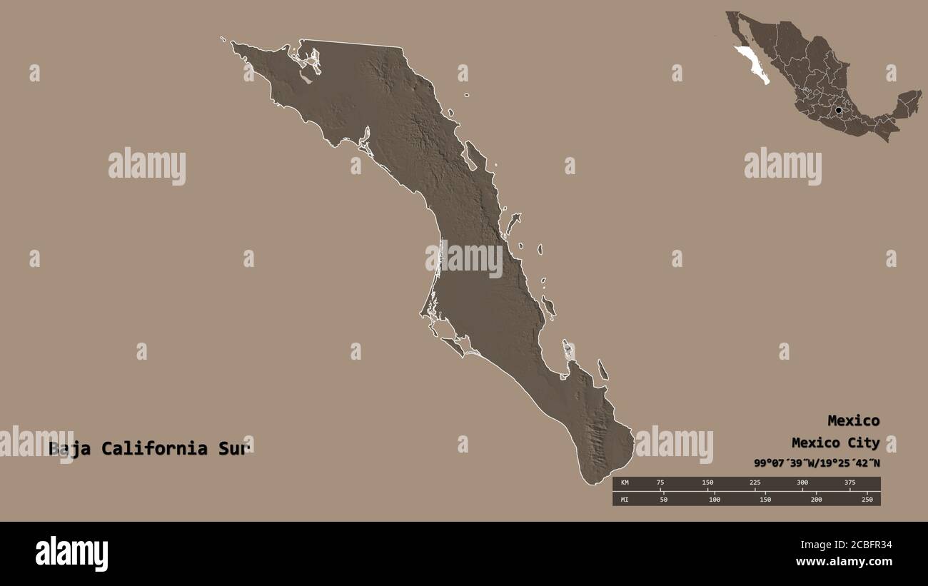 Shape of Baja California Sur, state of Mexico, with its capital ...