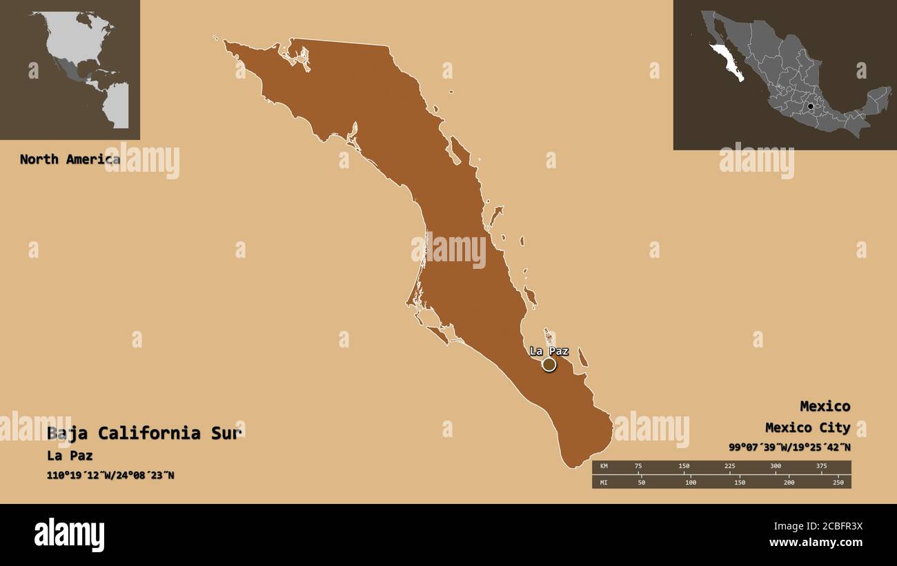 Shape of Baja California Sur, state of Mexico, and its capital ...