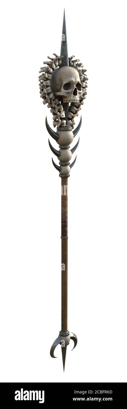 staff with a skull wooden with metal inserts on an isolated white ...