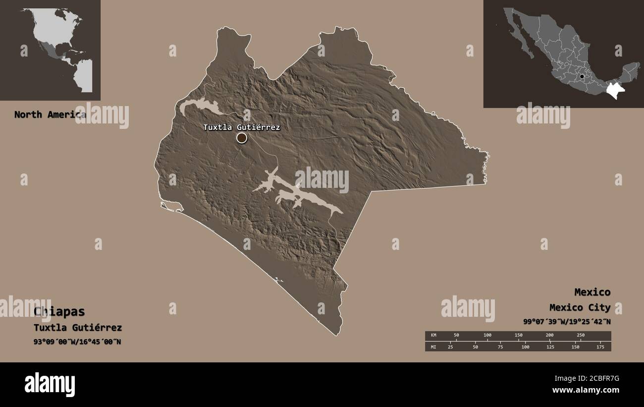 Shape of Chiapas, state of Mexico, and its capital. Distance scale ...