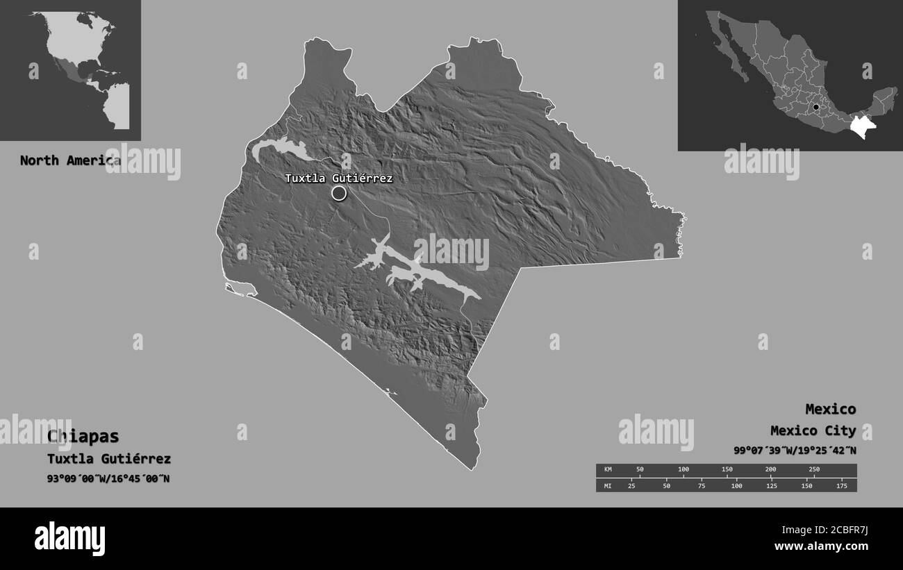 Shape of Chiapas, state of Mexico, and its capital. Distance scale ...