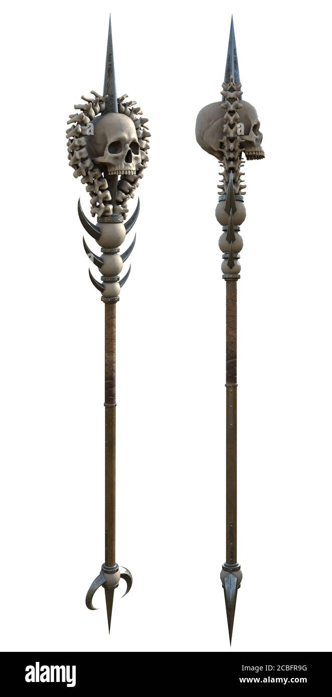 staff with a skull wooden with metal inserts on an isolated white ...