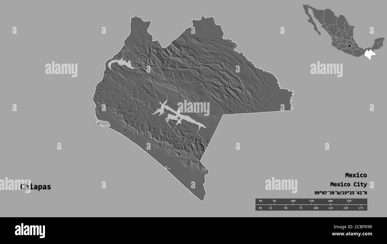 Shape of Chiapas, state of Mexico, with its capital isolated on solid ...