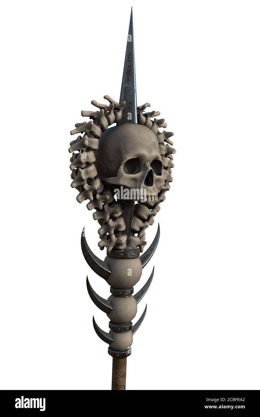 staff with a skull wooden with metal inserts on an isolated white ...