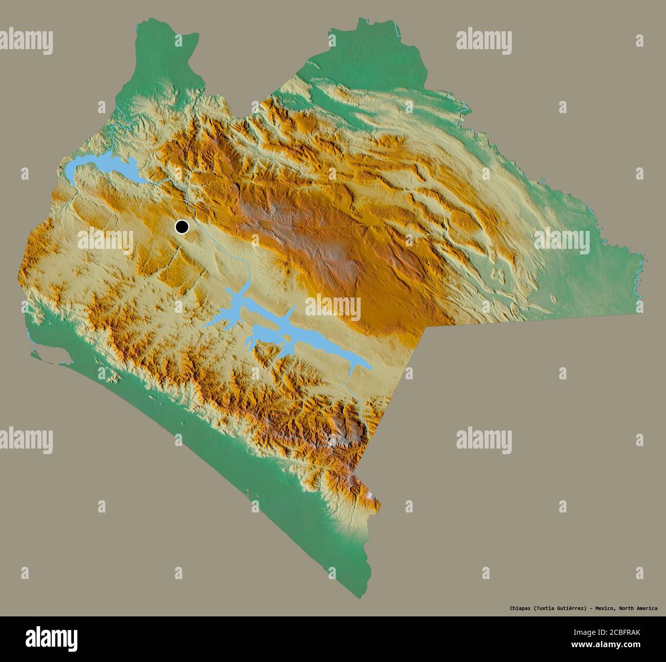 Shape of Chiapas, state of Mexico, with its capital isolated on a solid color background ...