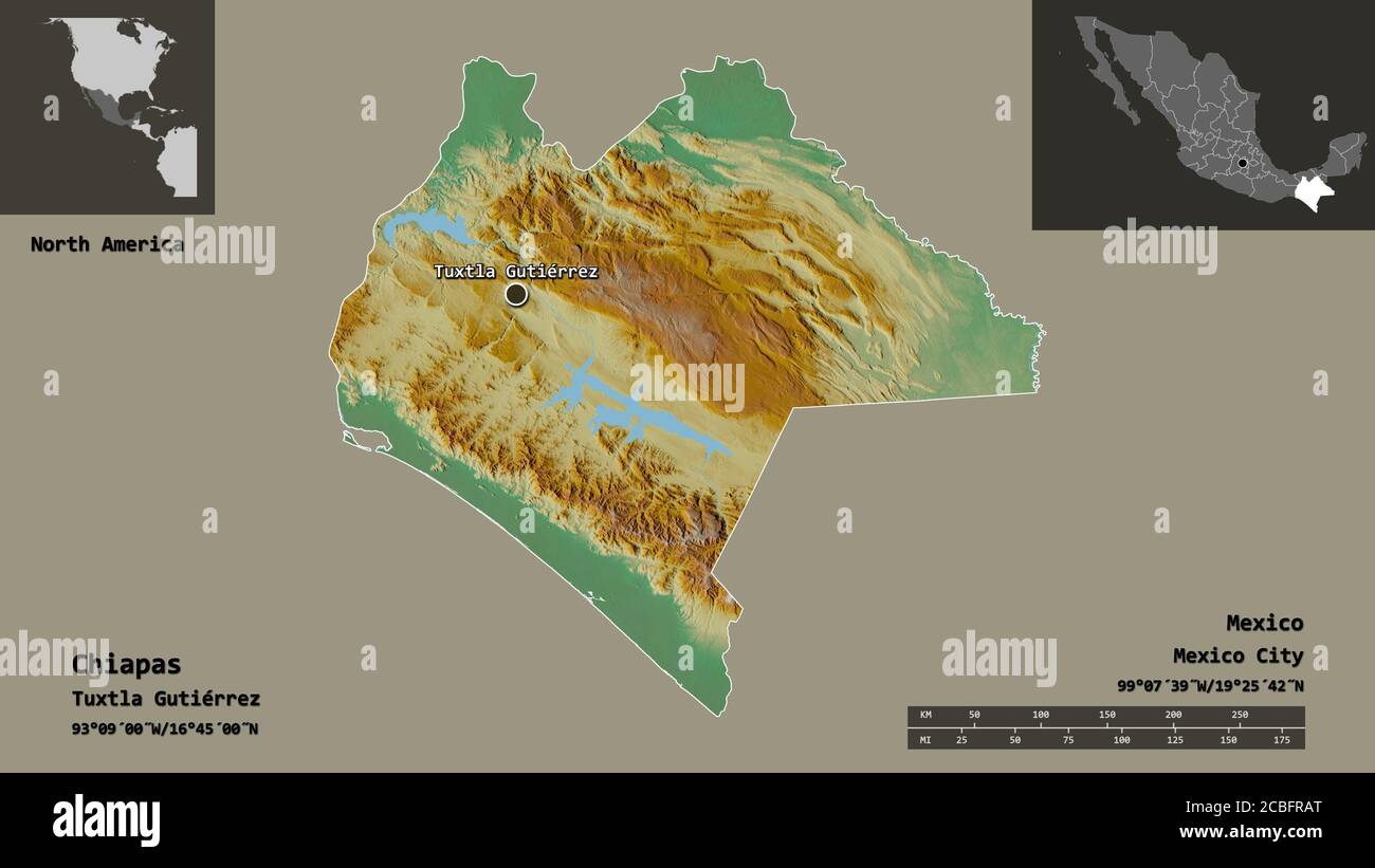 Shape of Chiapas, state of Mexico, and its capital. Distance scale ...