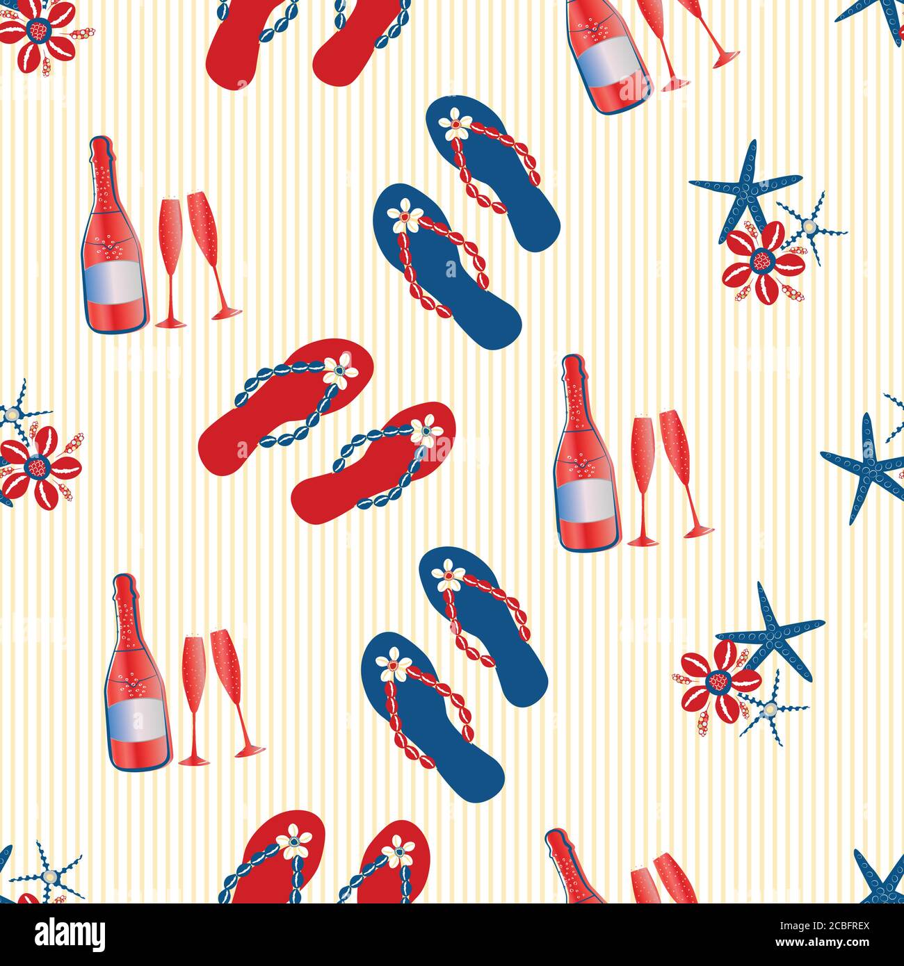 Vector Champagne bubbles and flip flop shoe seamless pattern background. Prosecco bottles ...