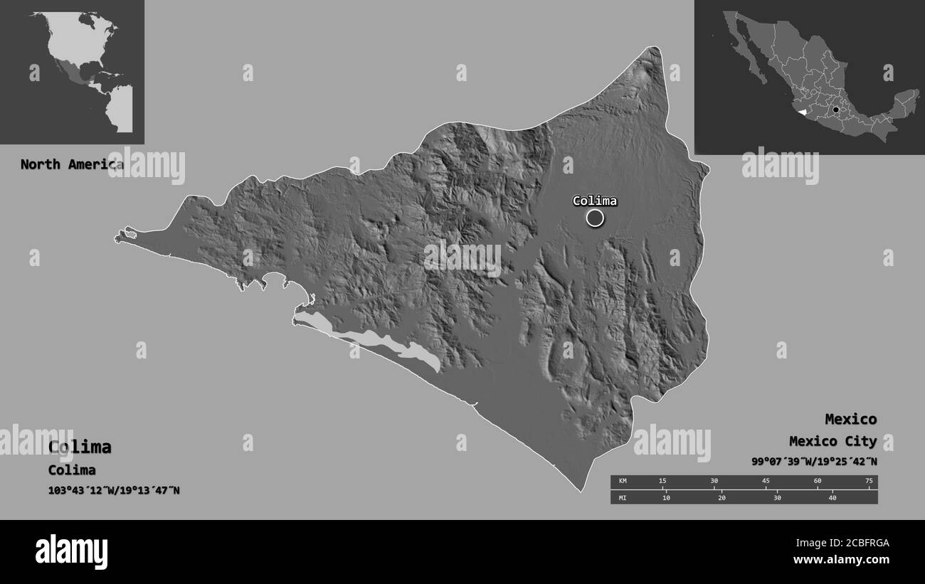 Shape of Colima, state of Mexico, and its capital. Distance scale ...