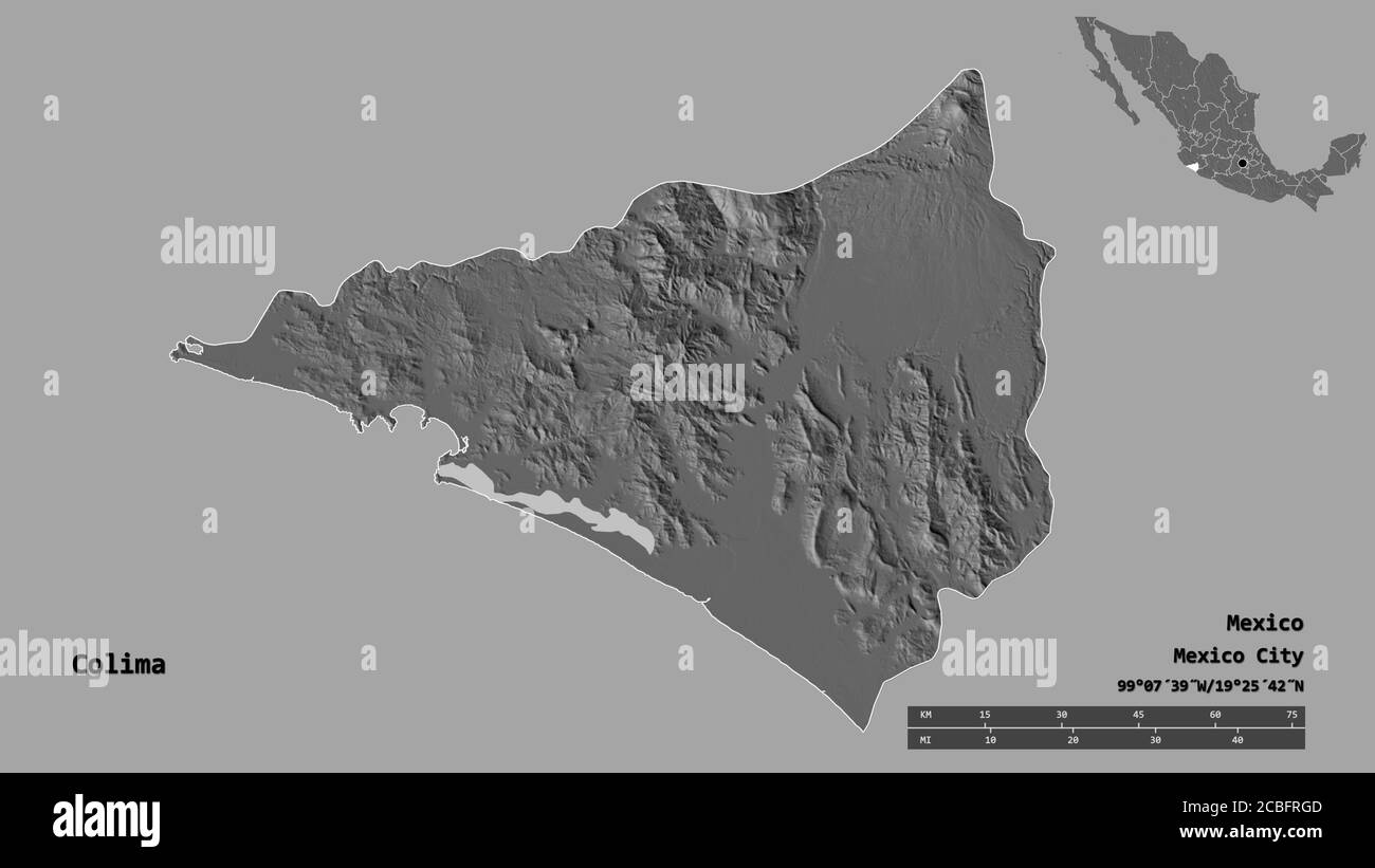 Shape of Colima, state of Mexico, with its capital isolated on solid ...