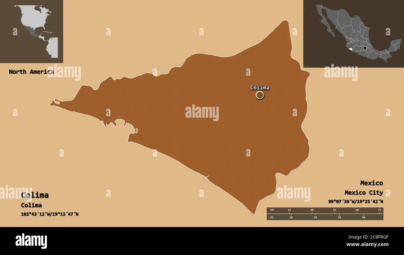 Shape of Colima, state of Mexico, and its capital. Distance scale ...