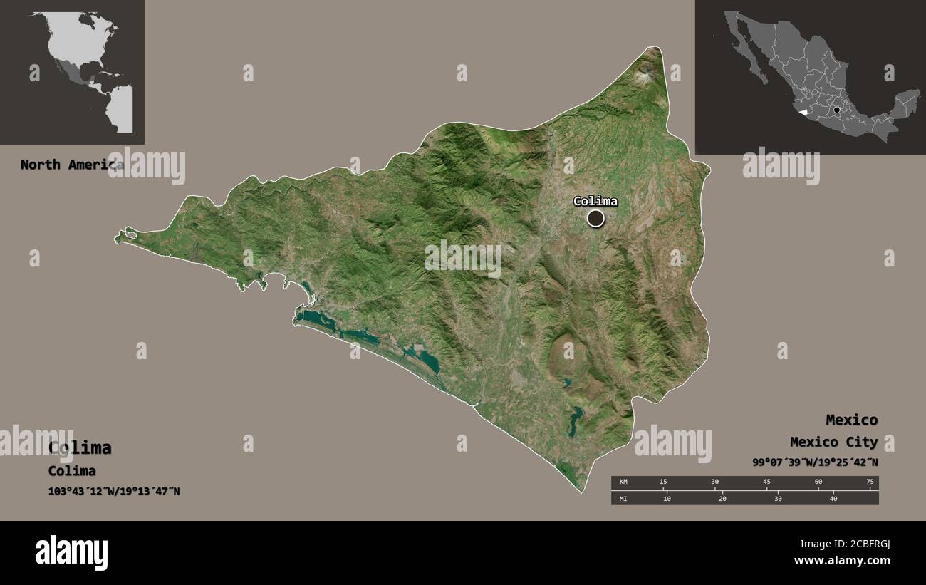 Shape of Colima, state of Mexico, and its capital. Distance scale ...