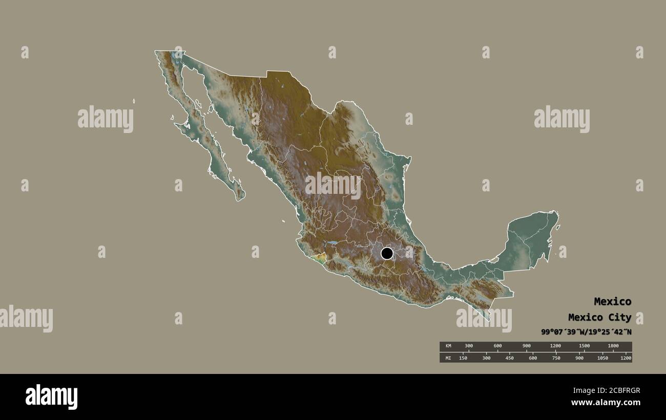 Desaturated shape of Mexico with its capital, main regional division ...