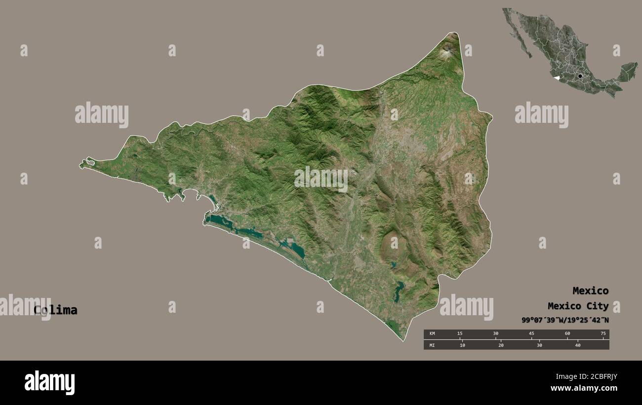 Shape of Colima, state of Mexico, with its capital isolated on solid ...