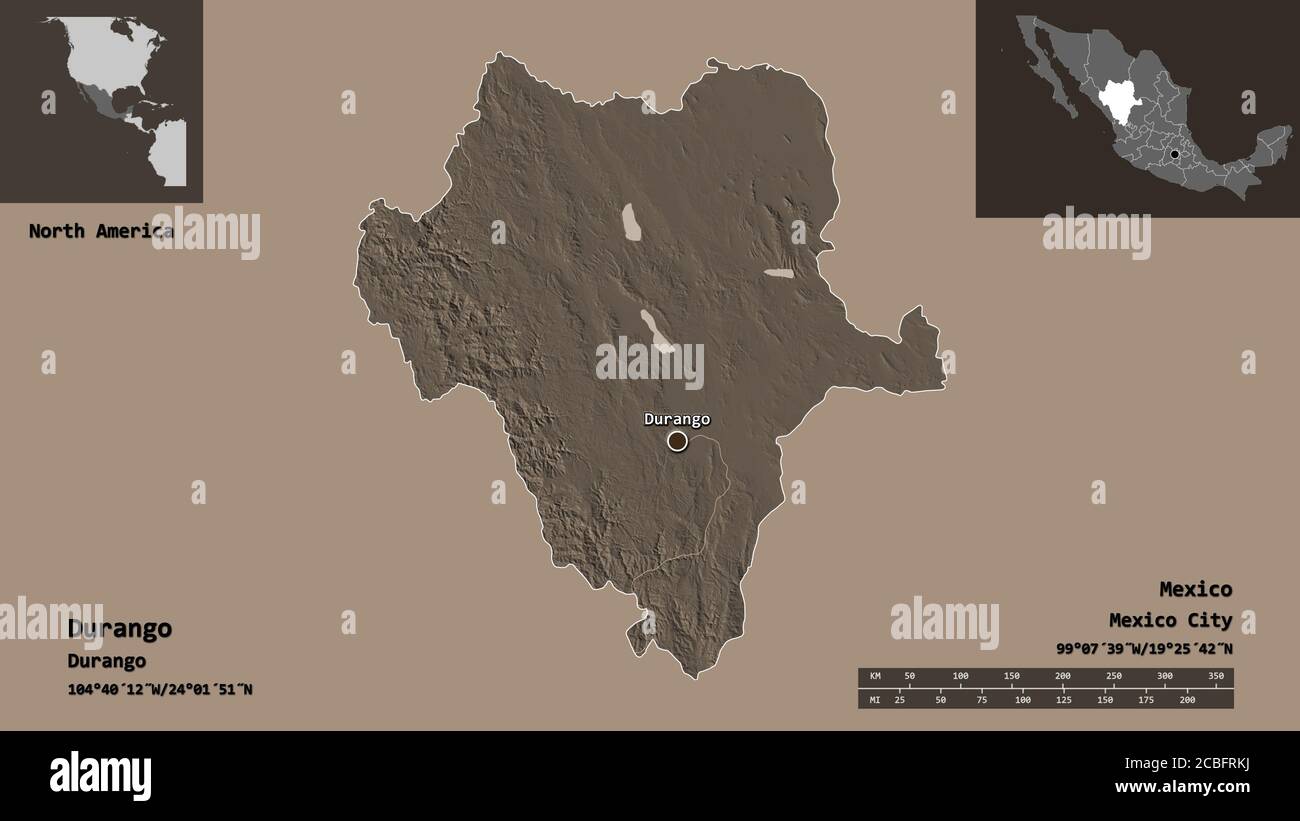 Shape of Durango, state of Mexico, and its capital. Distance scale ...