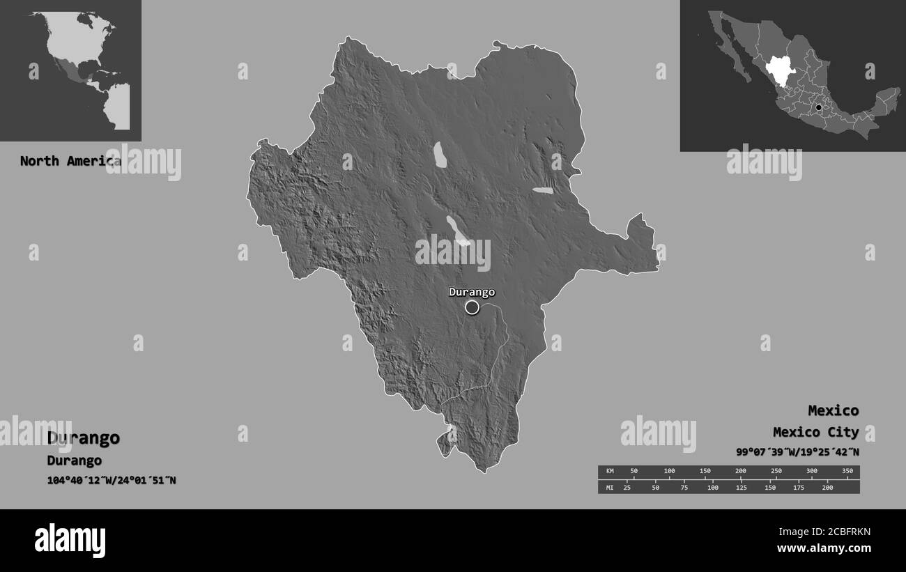 Shape of Durango, state of Mexico, and its capital. Distance scale ...