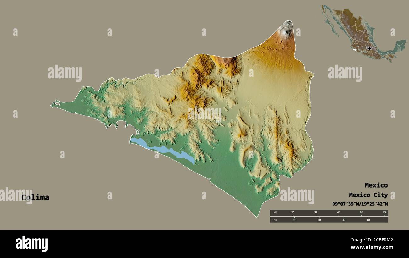 Shape of Colima, state of Mexico, with its capital isolated on solid ...
