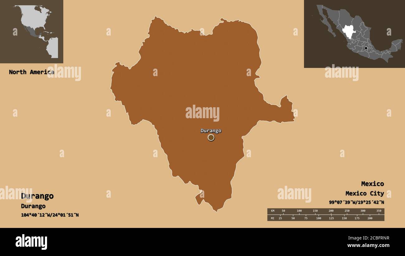 Shape of Durango, state of Mexico, and its capital. Distance scale ...