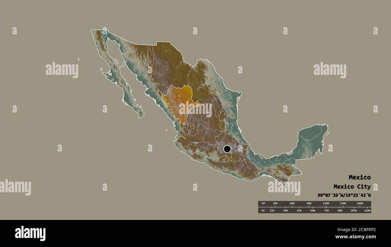 Desaturated shape of Mexico with its capital, main regional division ...