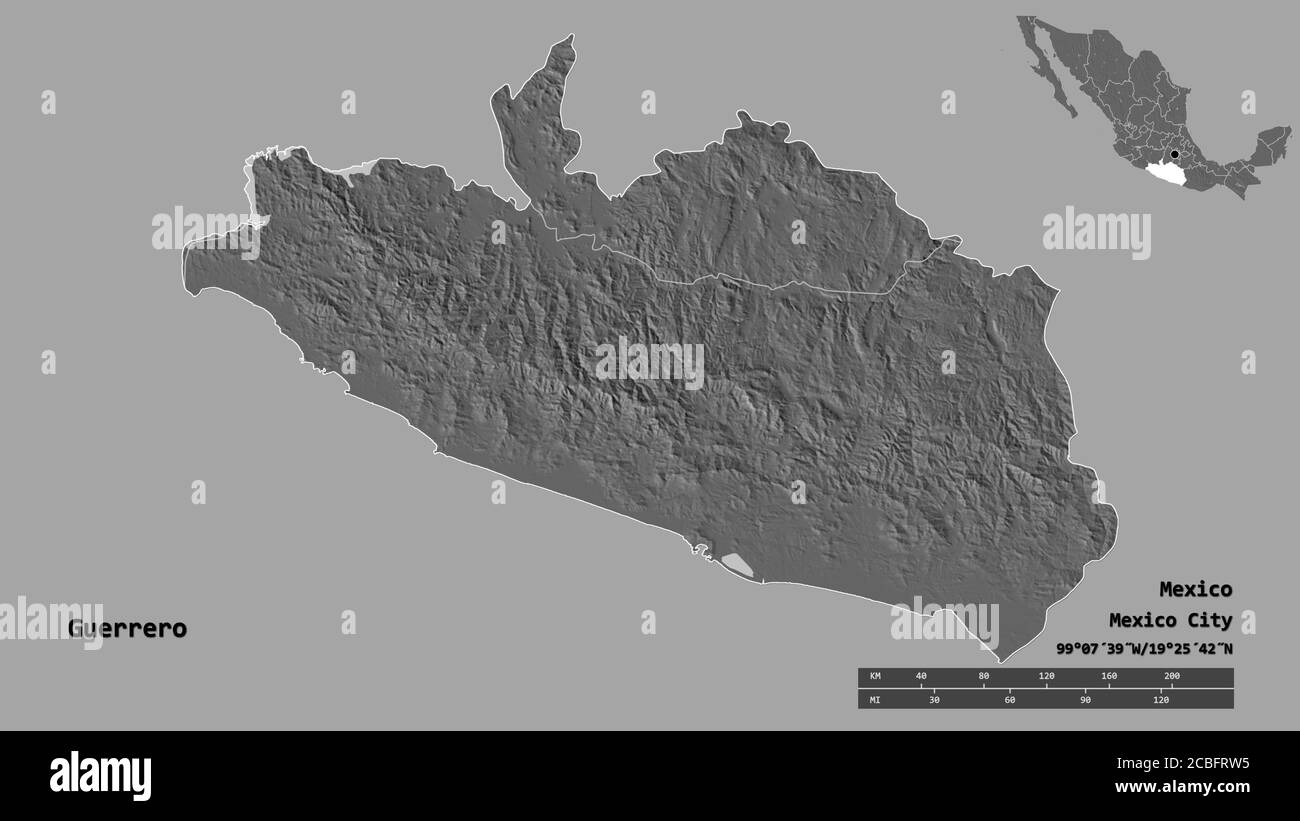 Shape of Guerrero, state of Mexico, with its capital isolated on solid ...