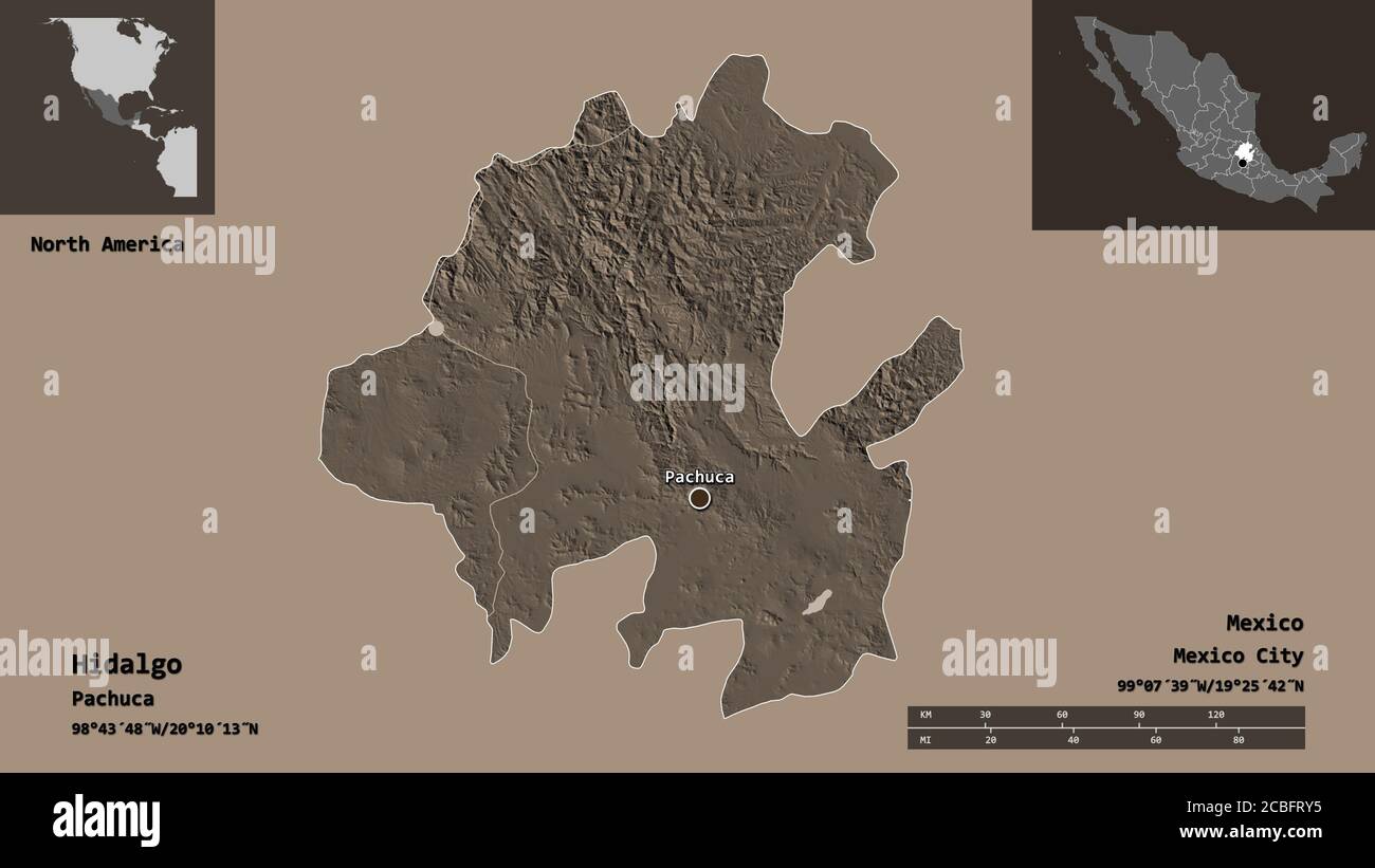 Shape of Hidalgo, state of Mexico, and its capital. Distance scale ...
