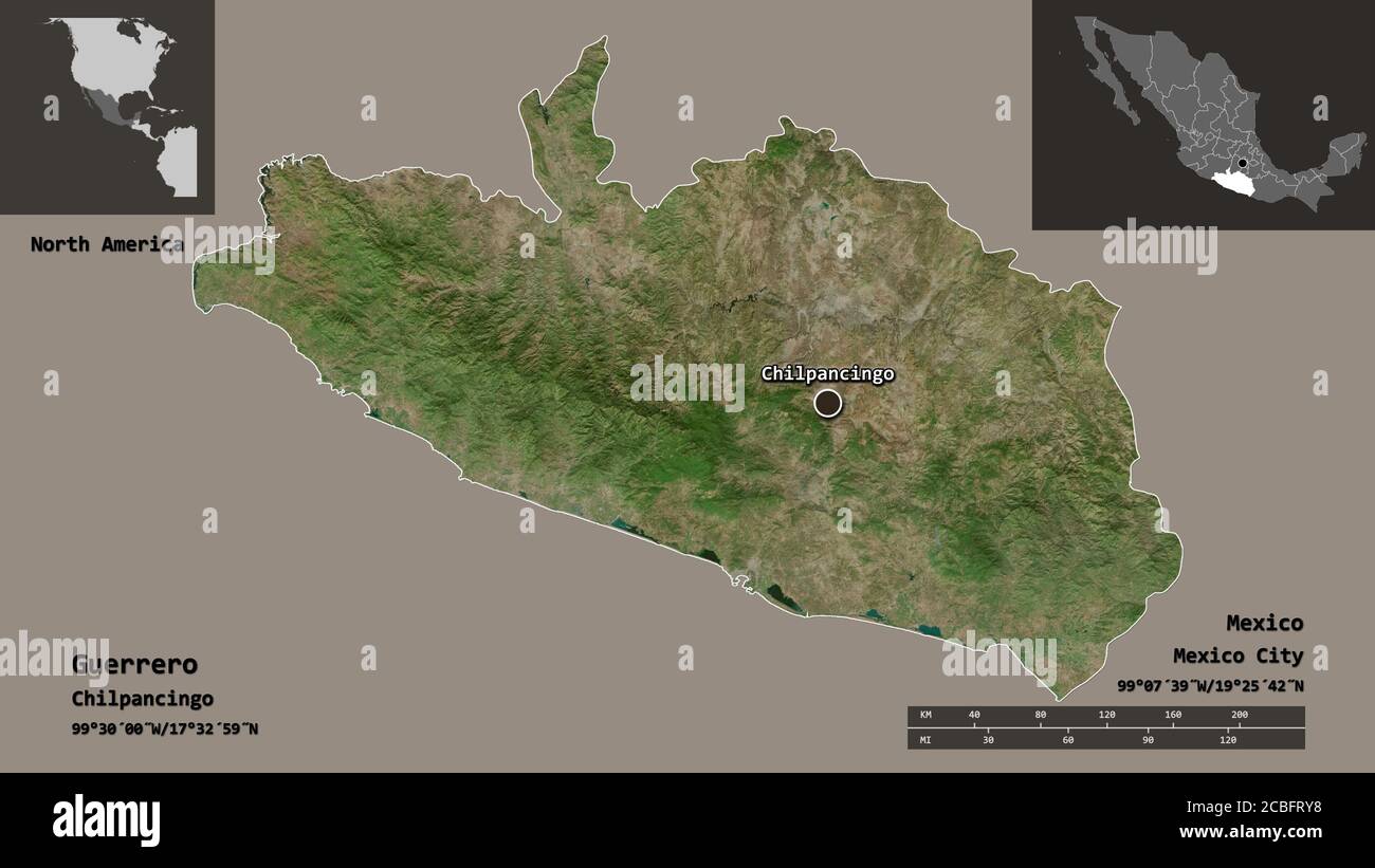 Shape of Guerrero, state of Mexico, and its capital. Distance scale ...