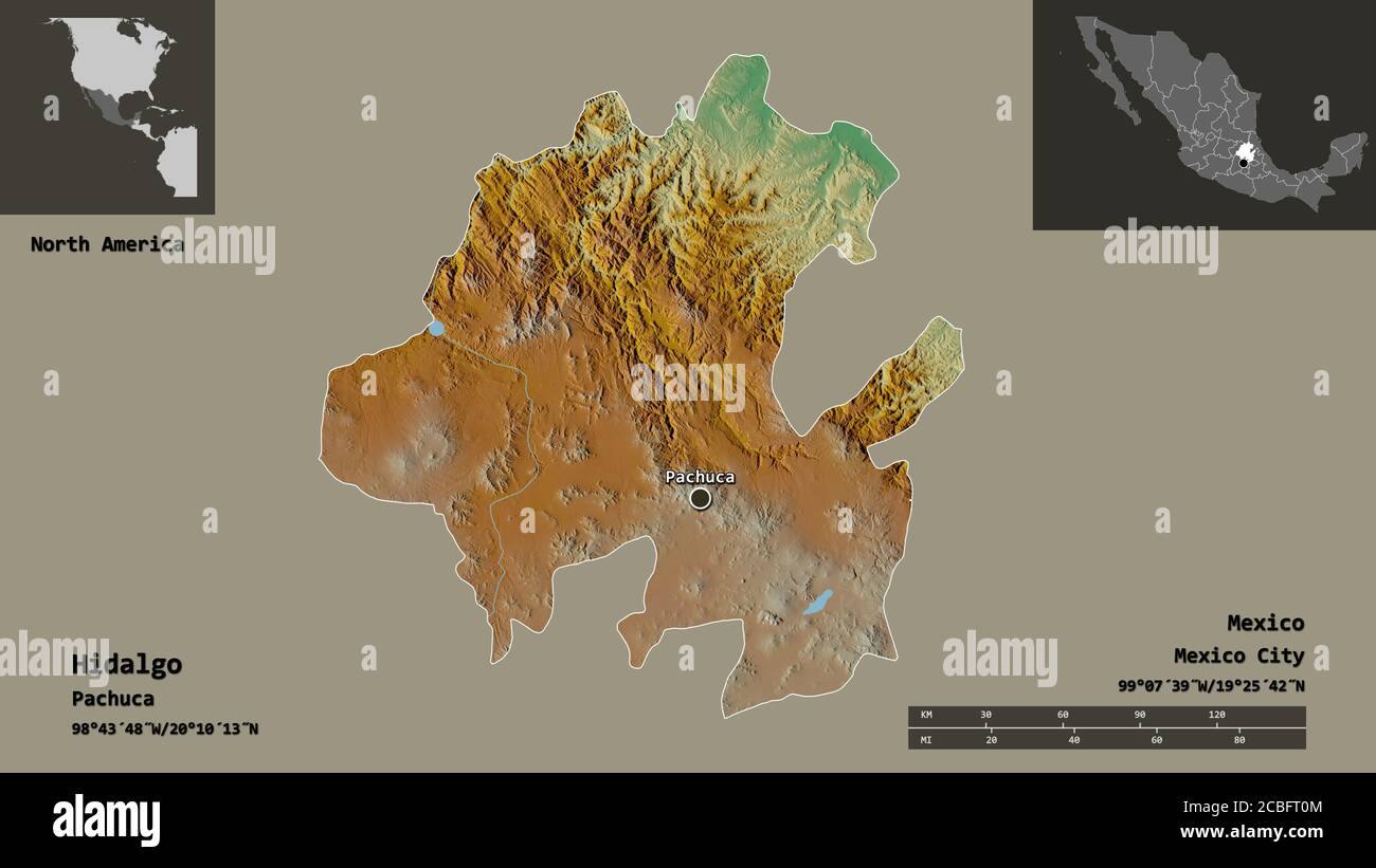 Shape of Hidalgo, state of Mexico, and its capital. Distance scale ...