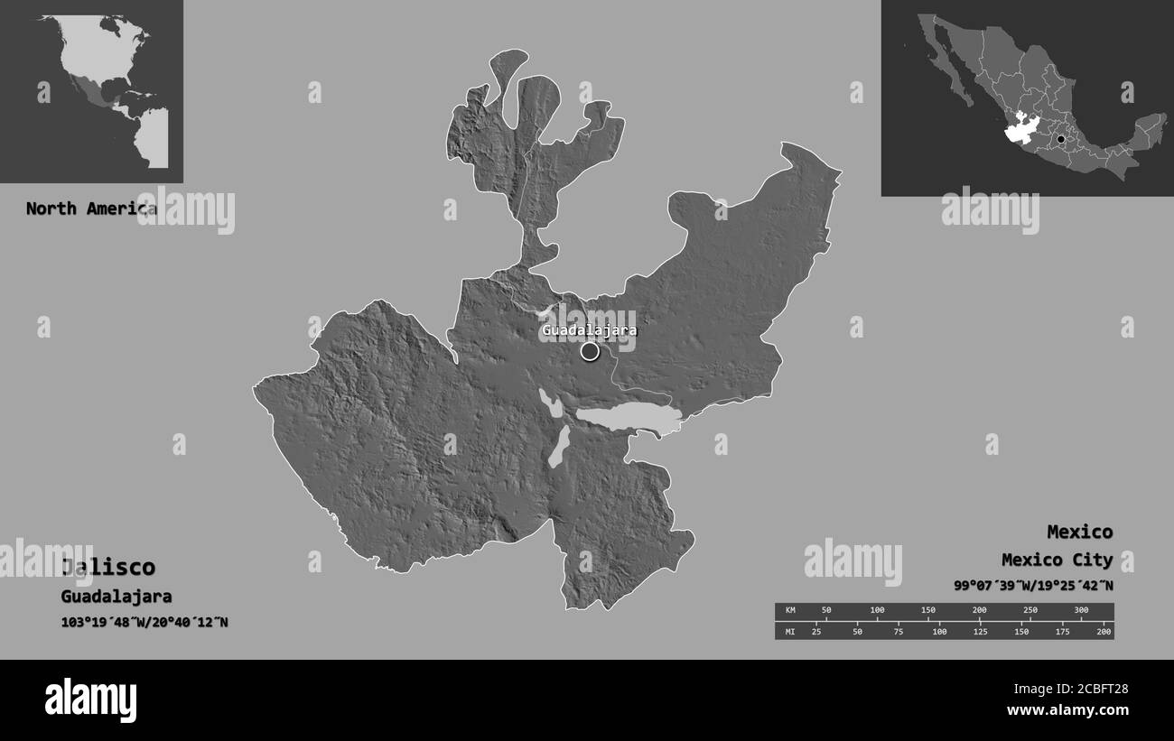 Shape of Jalisco, state of Mexico, and its capital. Distance scale ...