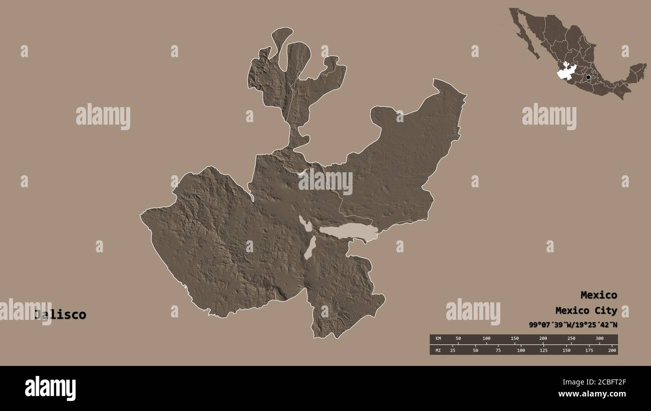 Shape of Jalisco, state of Mexico, with its capital isolated on solid ...